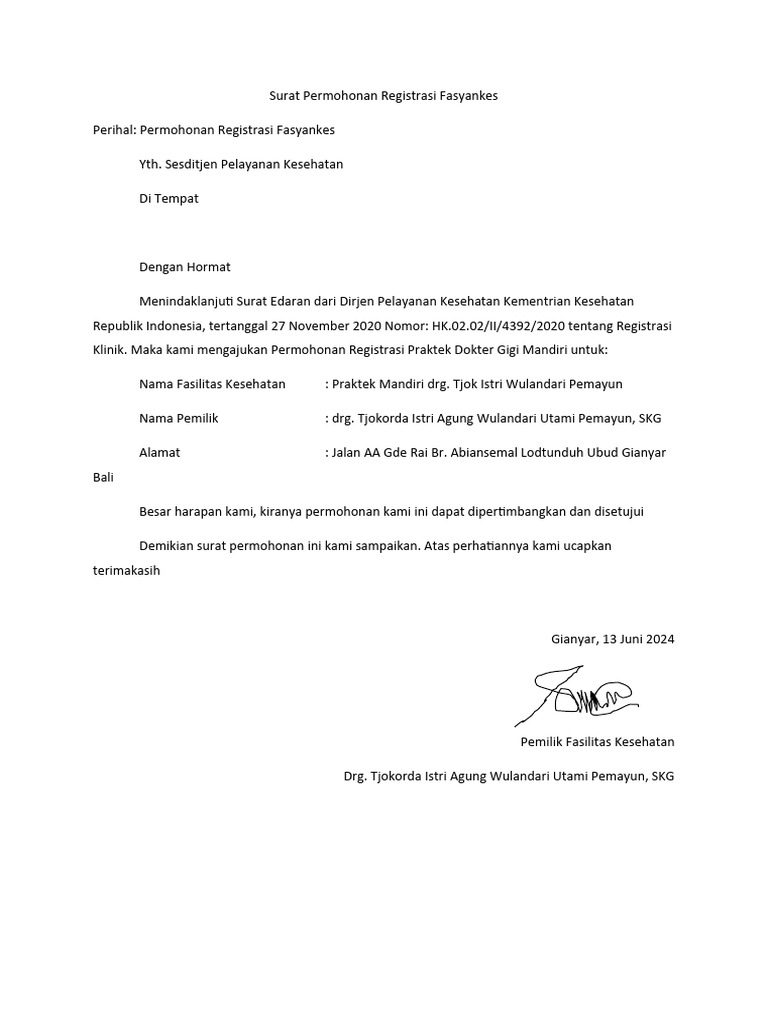Surat Permohonan Registrasi Fasyankes | PDF