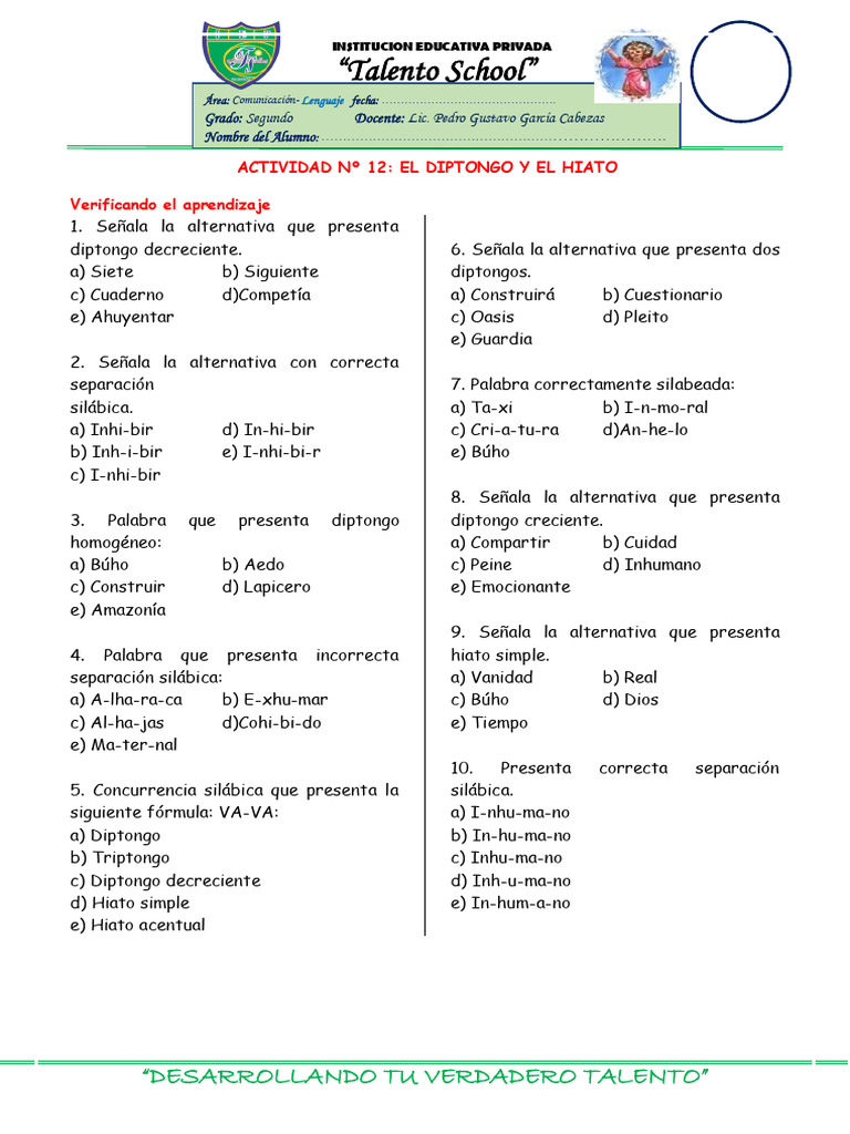 Actividades de Diptongos y Hiatos | PDF | Lingüística | Fonética
