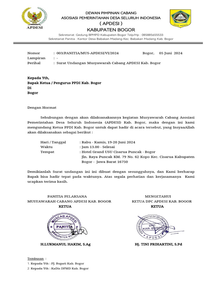 Undangan Muscab APDESI Kab. Bogor | PDF