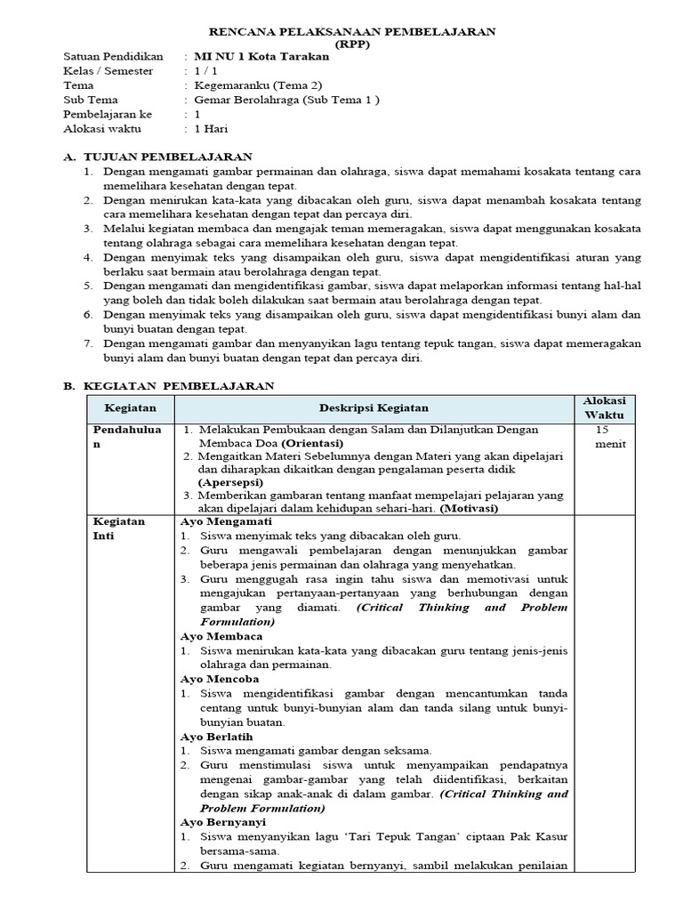RPP Kelas 1 Semester 1 Tema 2 | PDF | Karier & Perkembangan