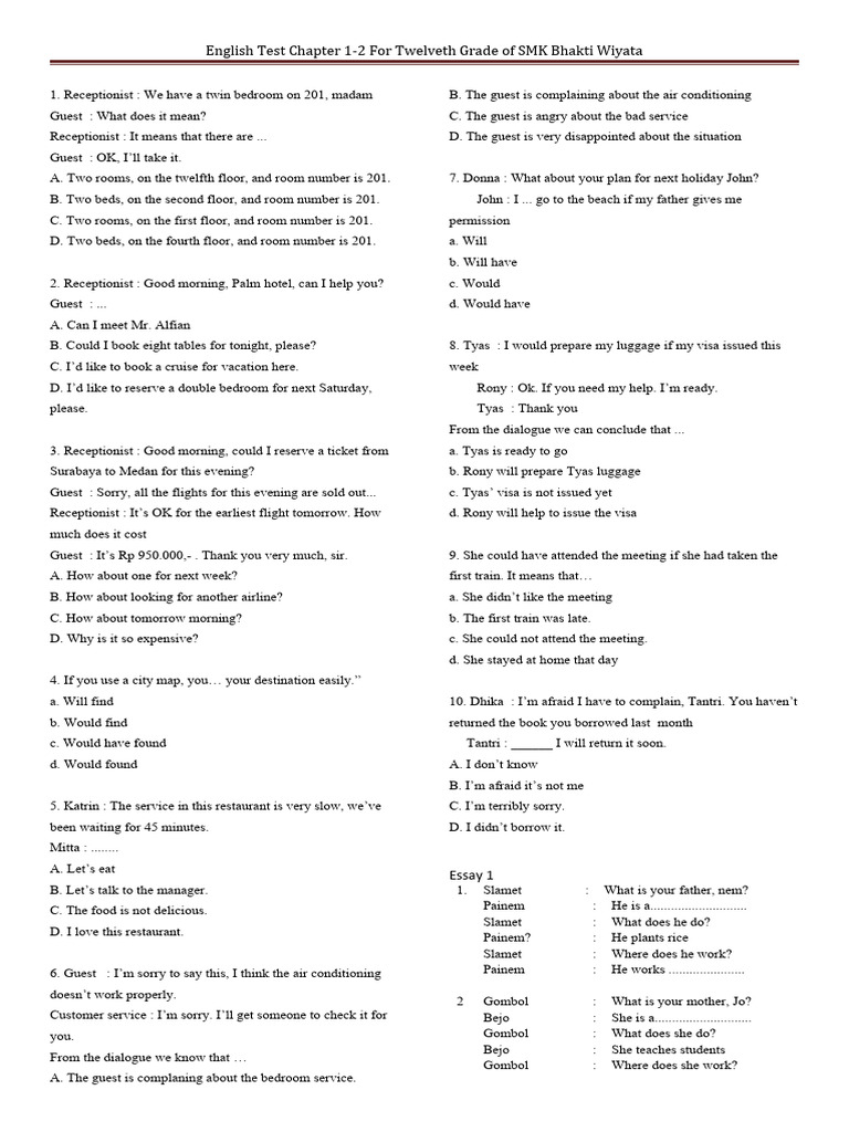 ENGLISH TEST CHAPTER 1-2 For TWELVETH GRADE | PDF