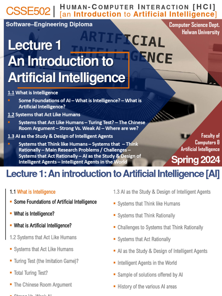 CSSE 502 Human Computer Interaction (Intro. To AI - Lec. 1 - An Introduction To Artificial ...