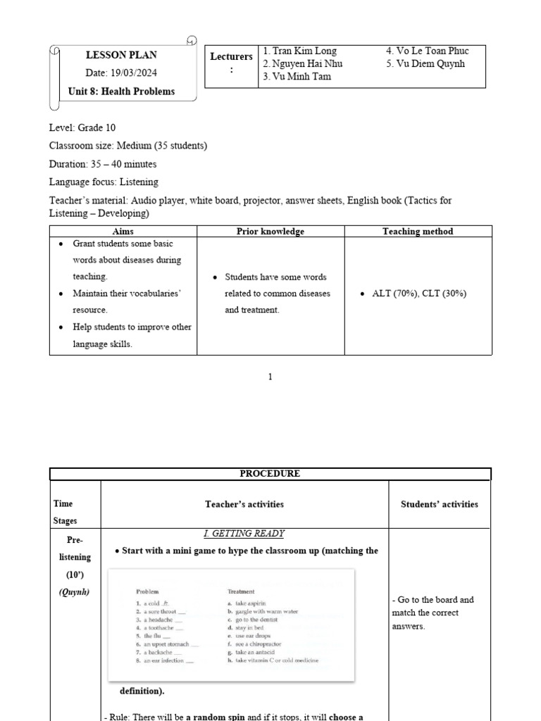 A Mock Lesson Plan (Listening) | PDF | Cognition | Behavior Modification