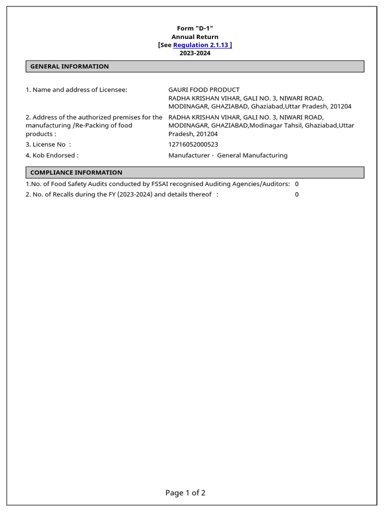 Form "D-1" Annual Return (See 2023-2024 General Information: Regulation ...