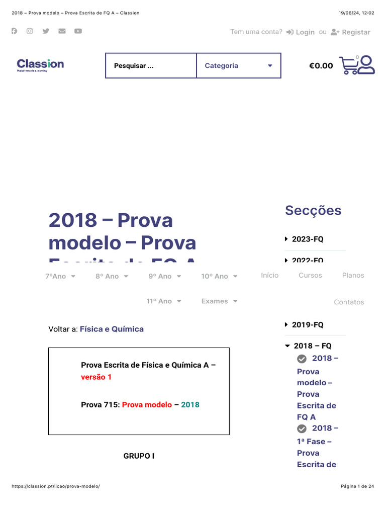 2018 – Prova Modelo – Prova Escrita de FQ a – Classion | PDF | Equilíbrio químico | Química