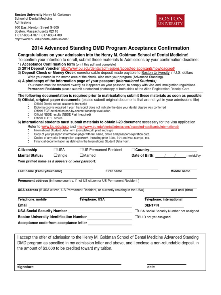 Advanced-Standing-DMD-Acceptance-Confirmation-Form-2014 | PDF | Dental Degree | Travel Visa
