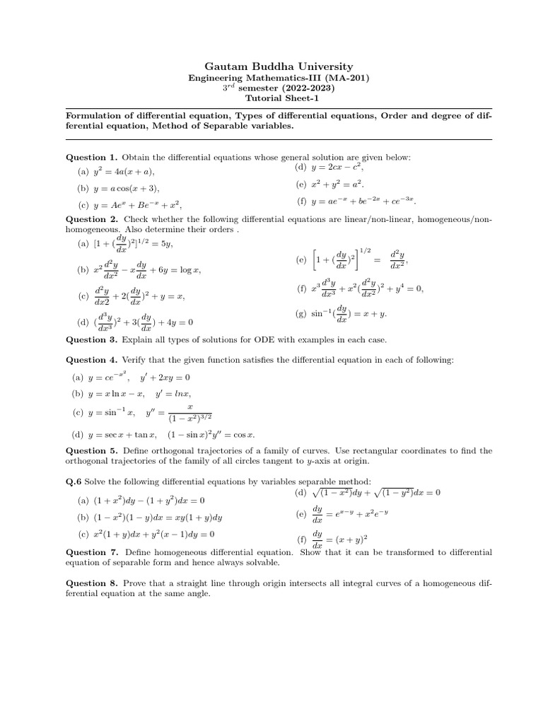 MA201 Tut.1 | PDF | Equations | Differential Equations