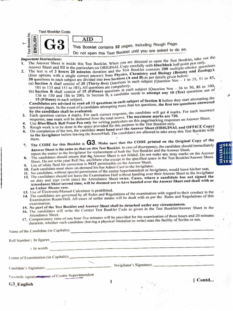 Neet 2023 Code-G3 | PDF