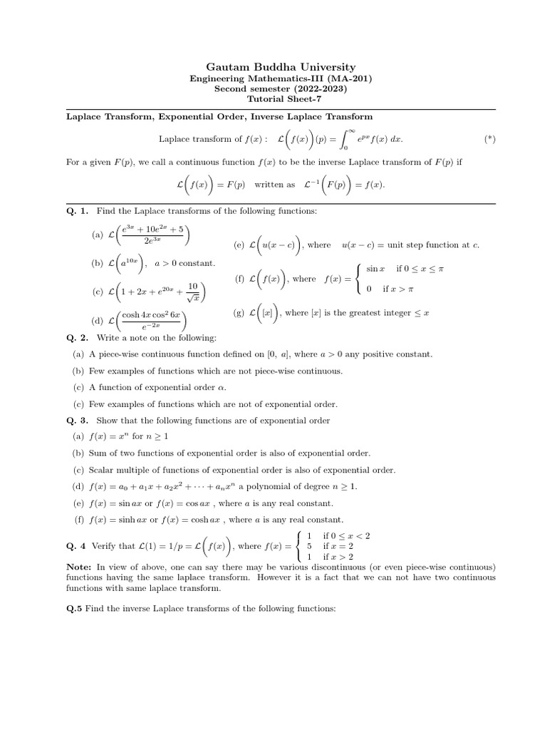 MA201 Tut.6 | PDF | Laplace Transform | Mathematical Objects
