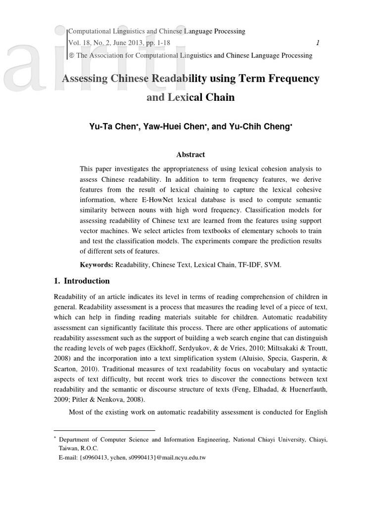 Assessing Chinese Readability Using Term Frequency and Lexical Chain ...