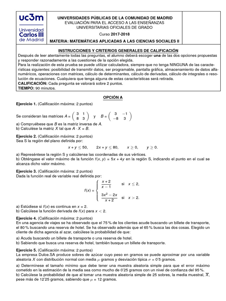 2017-2018 Ordinaria MatemaÌ Ticas Aplicadas A Las Ciencias Sociales | PDF | Matriz (Matemáticas ...