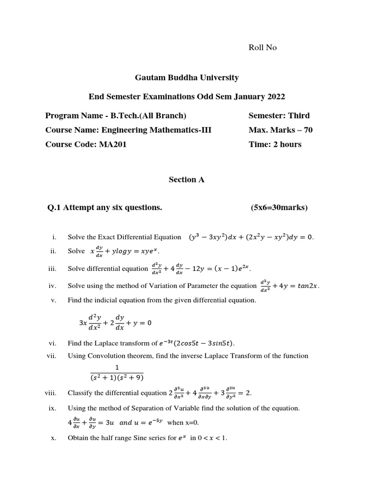 MA 201 (1) | PDF | Equations | Laplace Transform