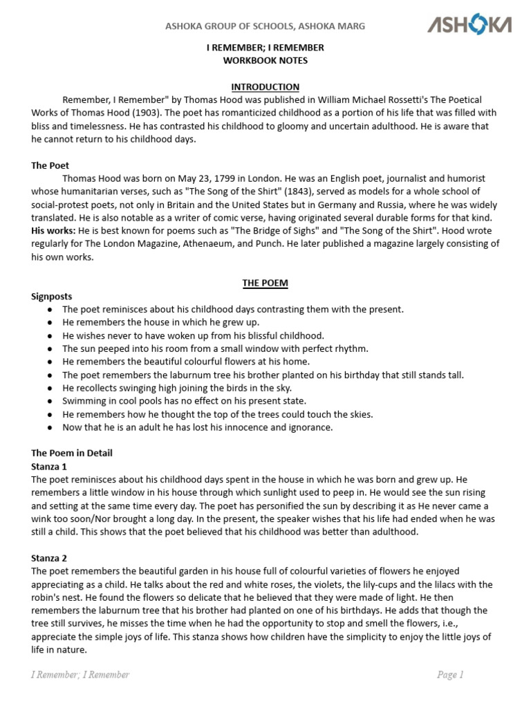 I Remember I Remember Workbook Notes | PDF | Poetry | Nostalgia
