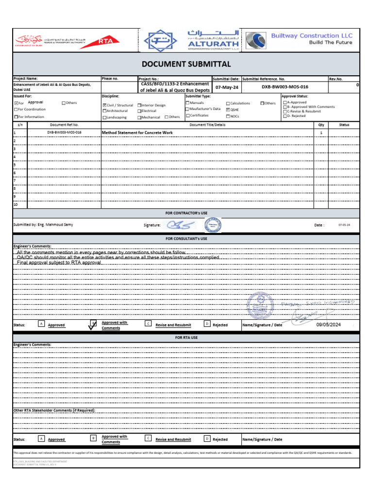 DXB-BW003-MOS-016 - Method Statement for Concrete Work | PDF | Concrete ...