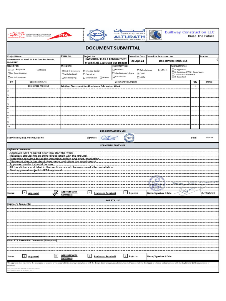 DXB-BW003-MOS-014 - Method Statement For Aluminium Fabrication Work ...