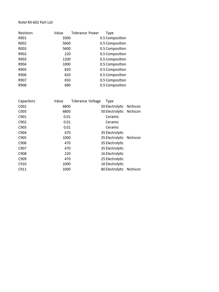 Rotel RX-602 Part List | PDF | Capacitor | Rectifier