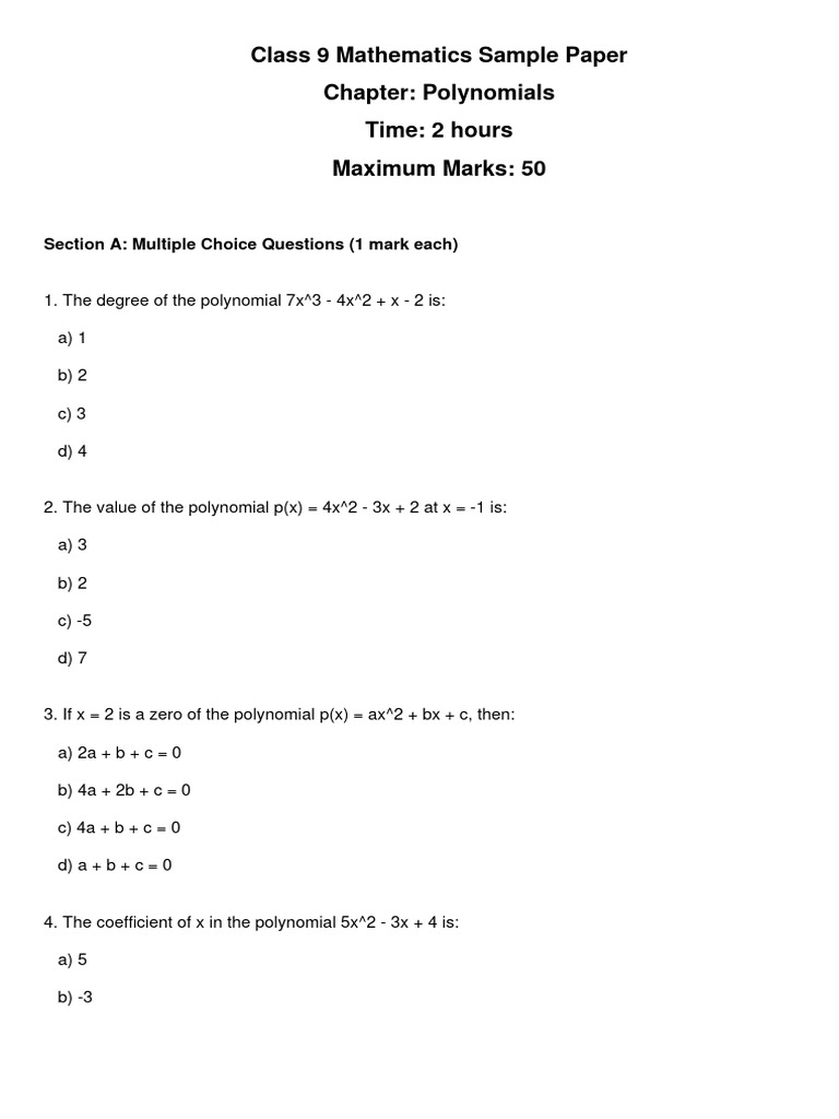 Polynomials CBSE Class9 SamplePaper | PDF | Polynomial | Zero Of A Function