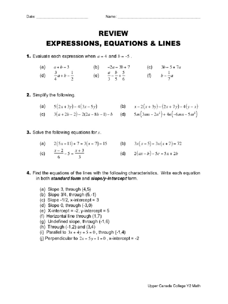 Review Expressions, Equations & Lines Worksheet | PDF