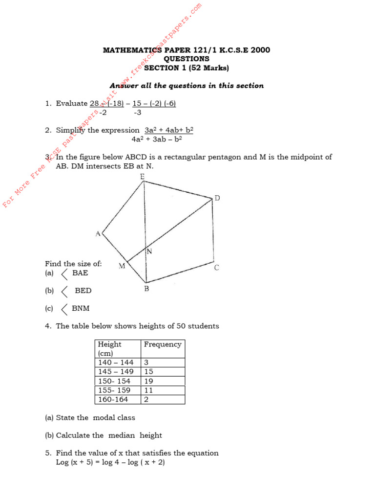 Kcse 2000 Mathematics Questions | PDF | Area | Triangle