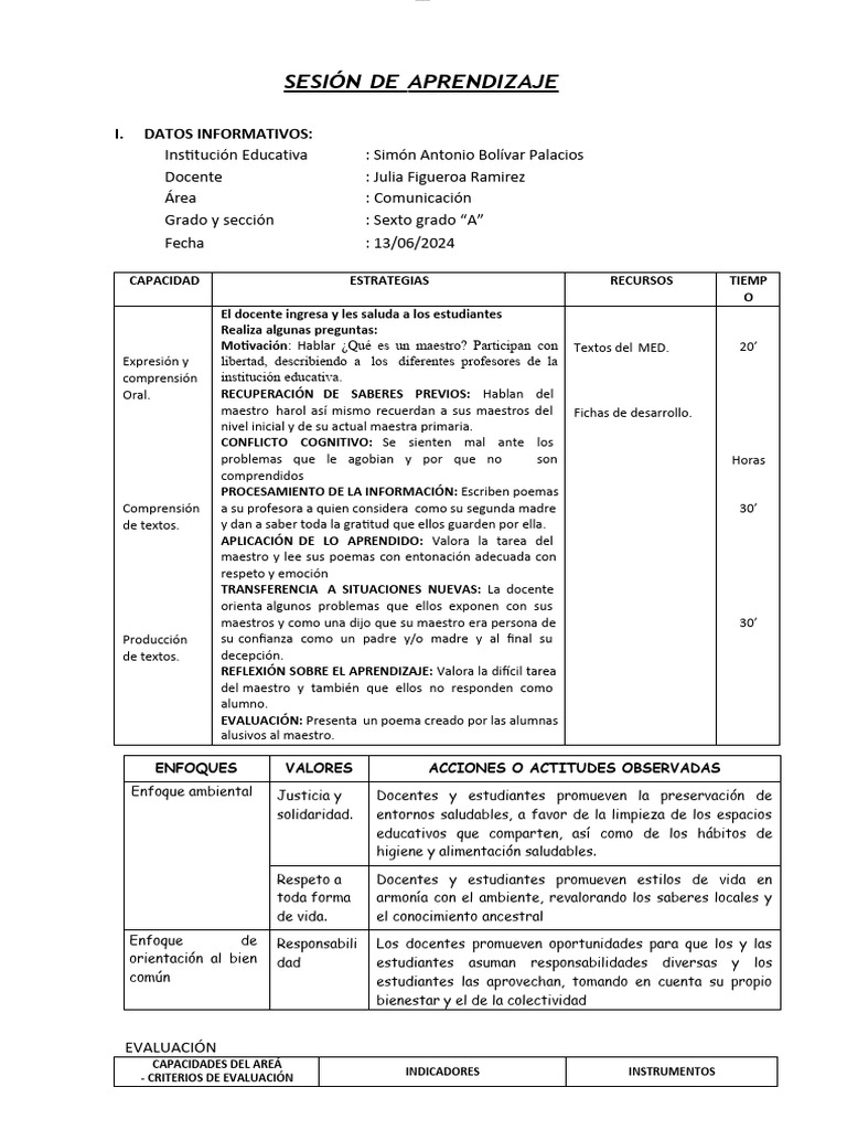 Sesion de Aprendizaje Dia Del Maestro | PDF | Enseñando | Aprendizaje