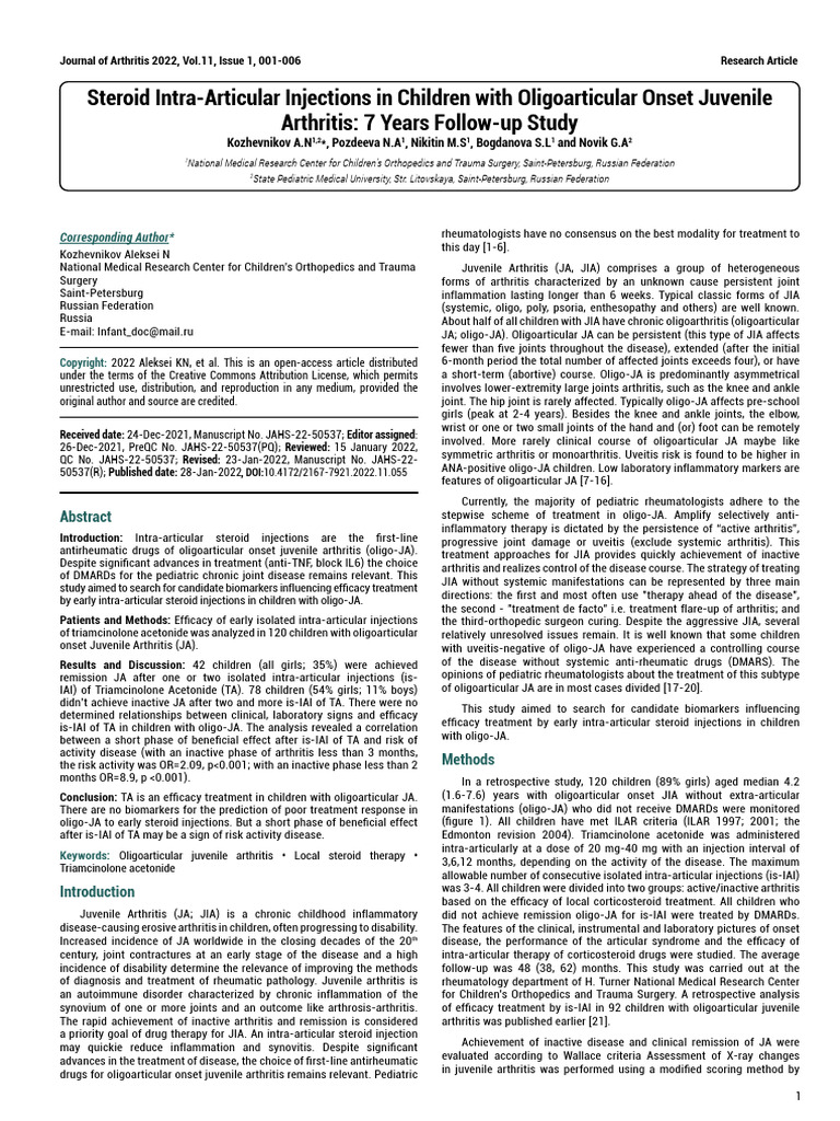 Steroid Intraarticular Injections in Children With Oligoarticular Onset ...