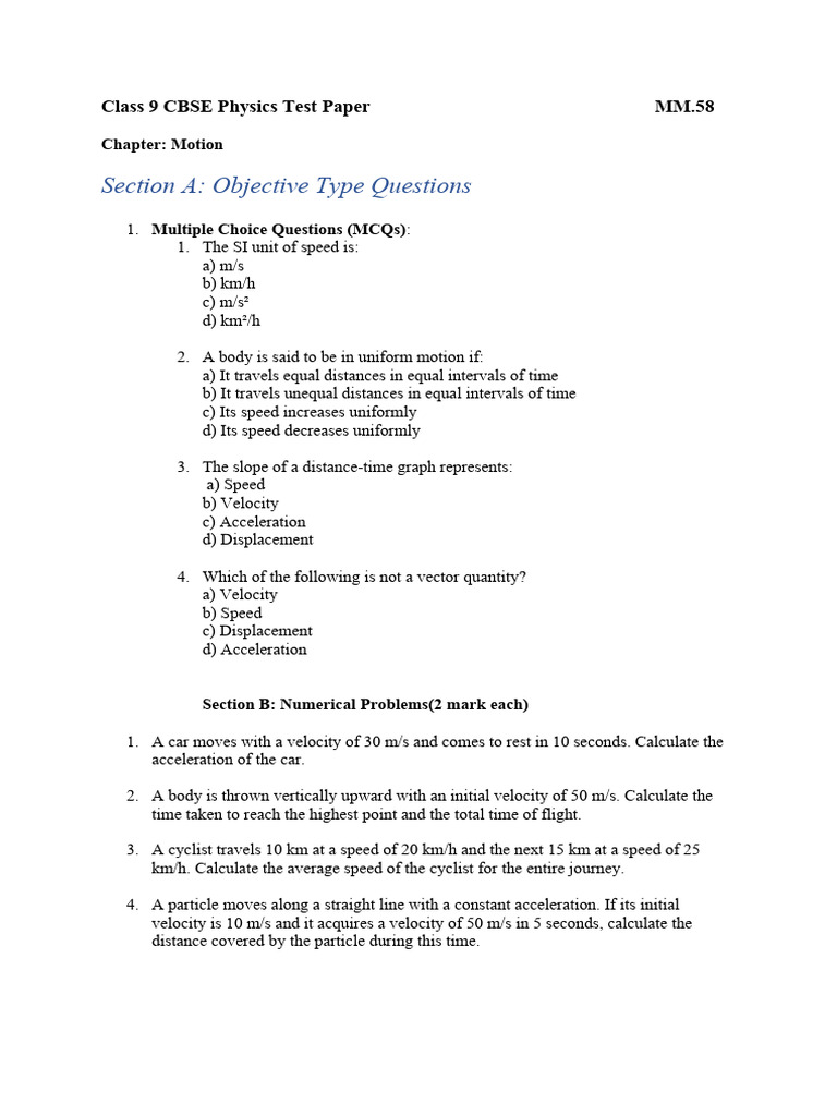 Class 9 Physics Motion Test Paper | PDF | Velocity | Acceleration