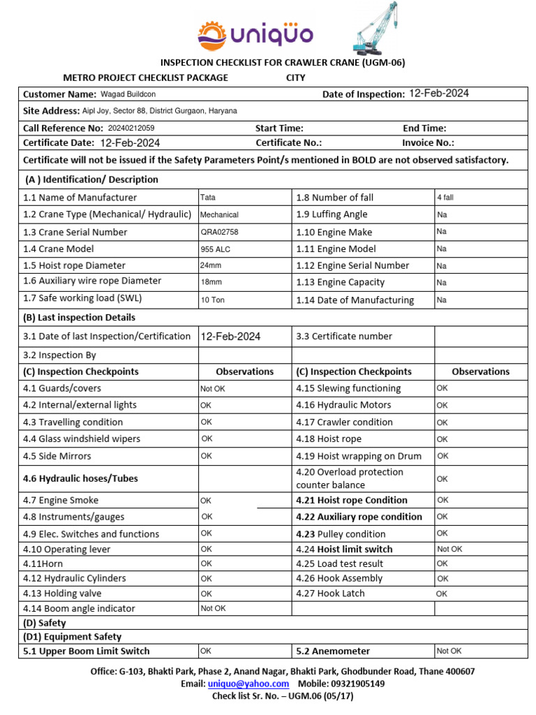 Crawler Crane Inspection Checklist | PDF | Crane (Machine) | Vehicles