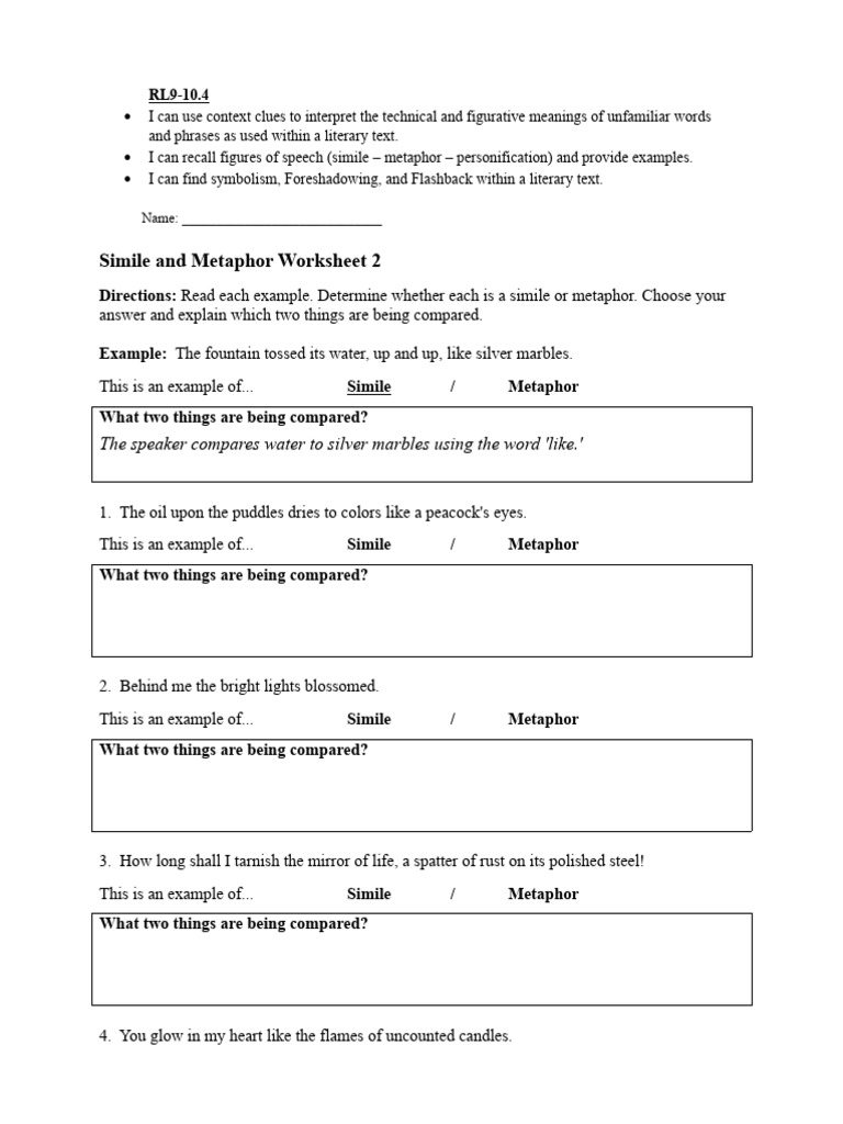 Simile and Metaphor Worksheet 02 | PDF | Metaphor