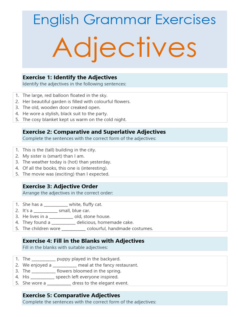 Grammar Exercises Adjectives | PDF | Language Arts & Discipline ...