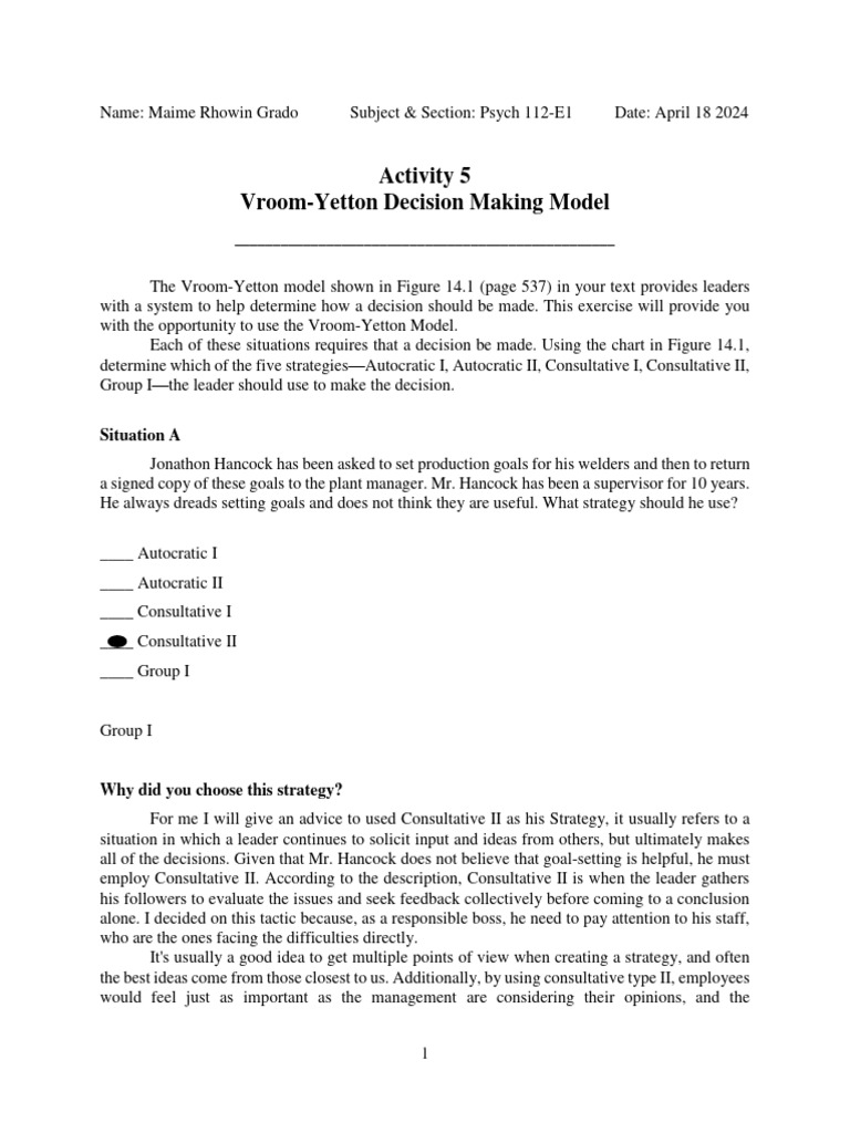 Vroom-Yetton Decision Model Analysis | PDF | Cognition | Psychology