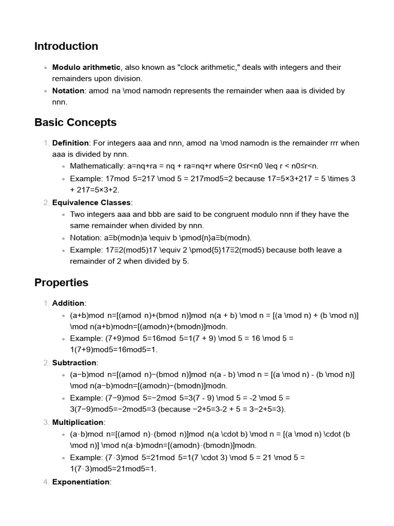 Notes on Modulo Arithmetic | Download Free PDF | Algebra | Mathematics Notes on Modulo Arithmetic | Download Free PDF | Algebra | Mathematics