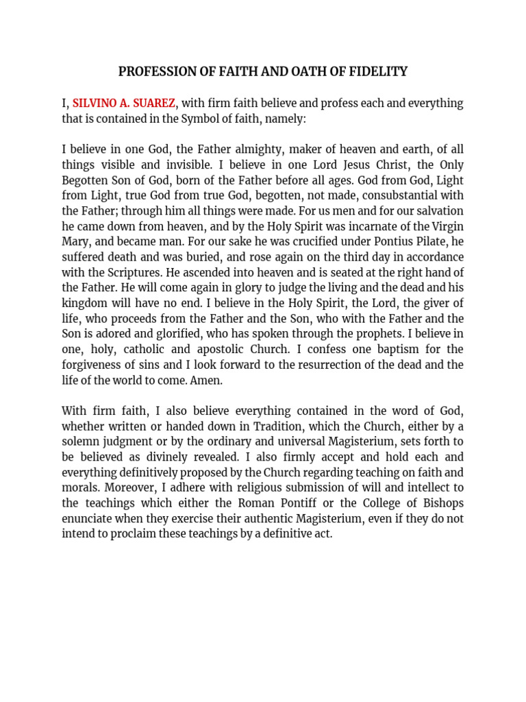 Profession of Faith and Oath of Fidelity of Silvino Suarez | PDF ...