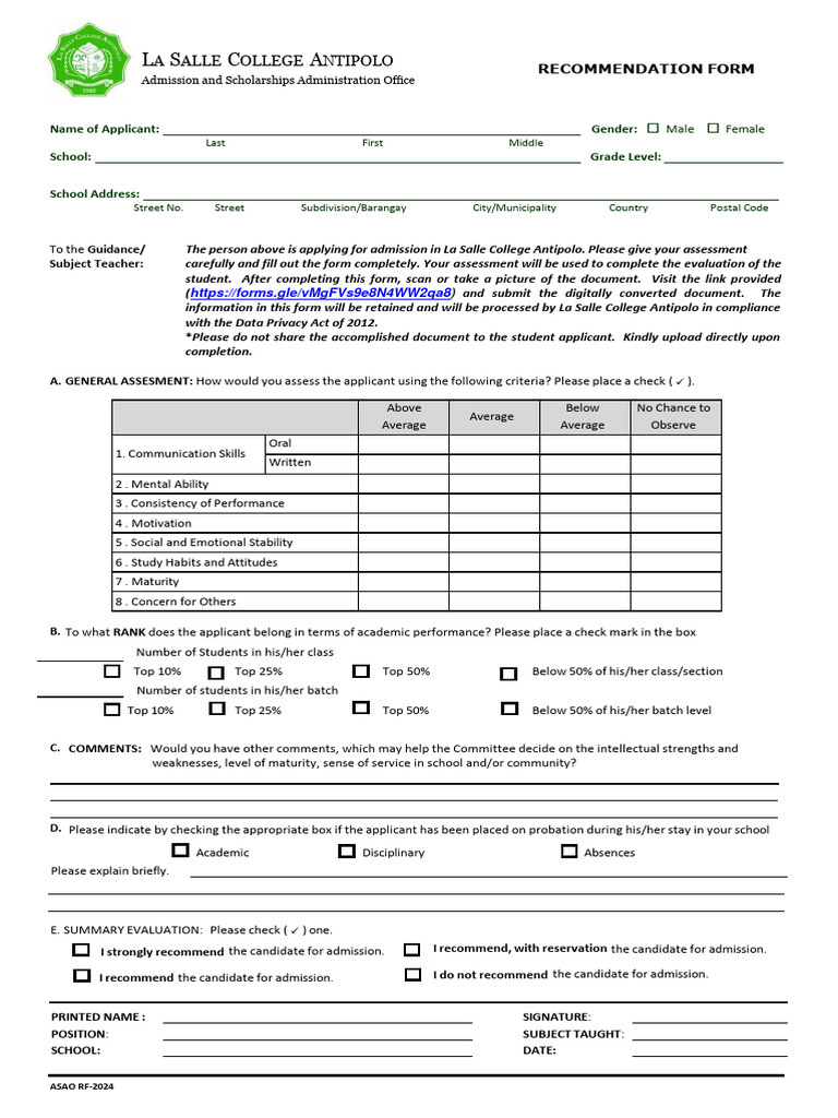 La Salle Antipolo Admission Recommendation Form | PDF | Educational ...