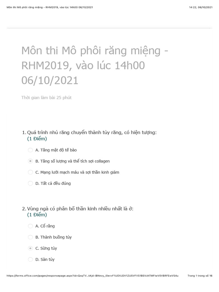 Môn thi Mô phôi răng miệng RHM2019 vào lúc 14h00 06102021 | PDF
