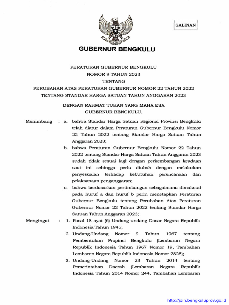 Pergub 9 Tahun 2023 Tentang Perubahan Atas Peraturan Gubernur Nomor 22 Tahun 2022 Tentang ...