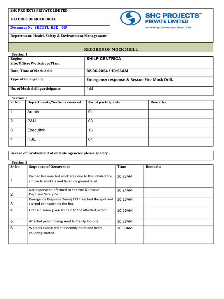 Fire Mock Drill Report-02!06!2024 | PDF | Emergency | Hazards
