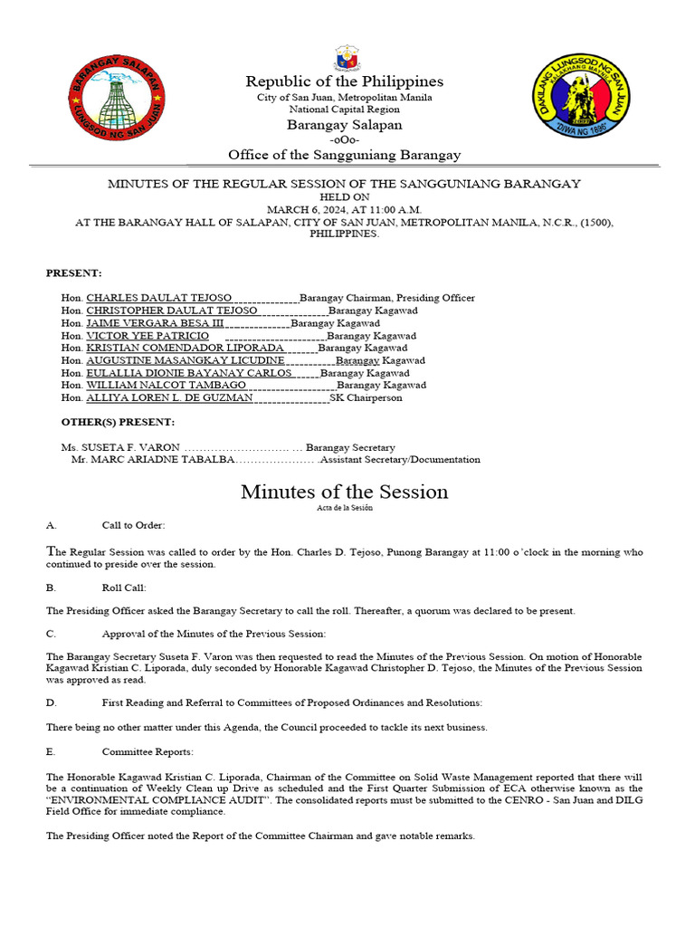 San Juan Barangay Session Minutes, Mar 2024 | PDF