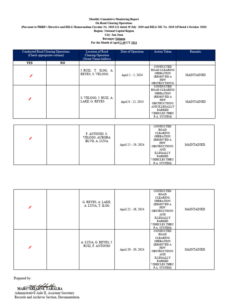 Road Clearing Form April 2024 | PDF