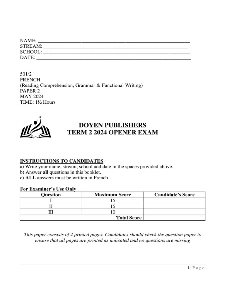 French Form 4 Pp2 - Mid Term II 2024 Exam | PDF