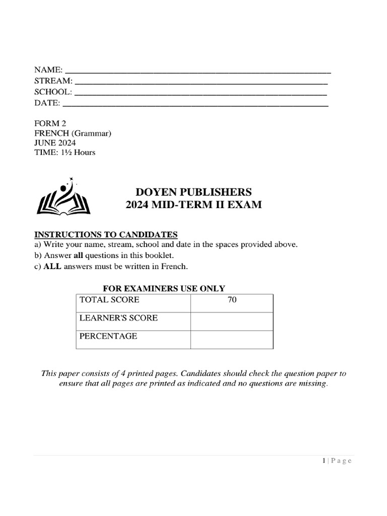 French Form 2 - Mid Term Ii 2024 Exam | PDF