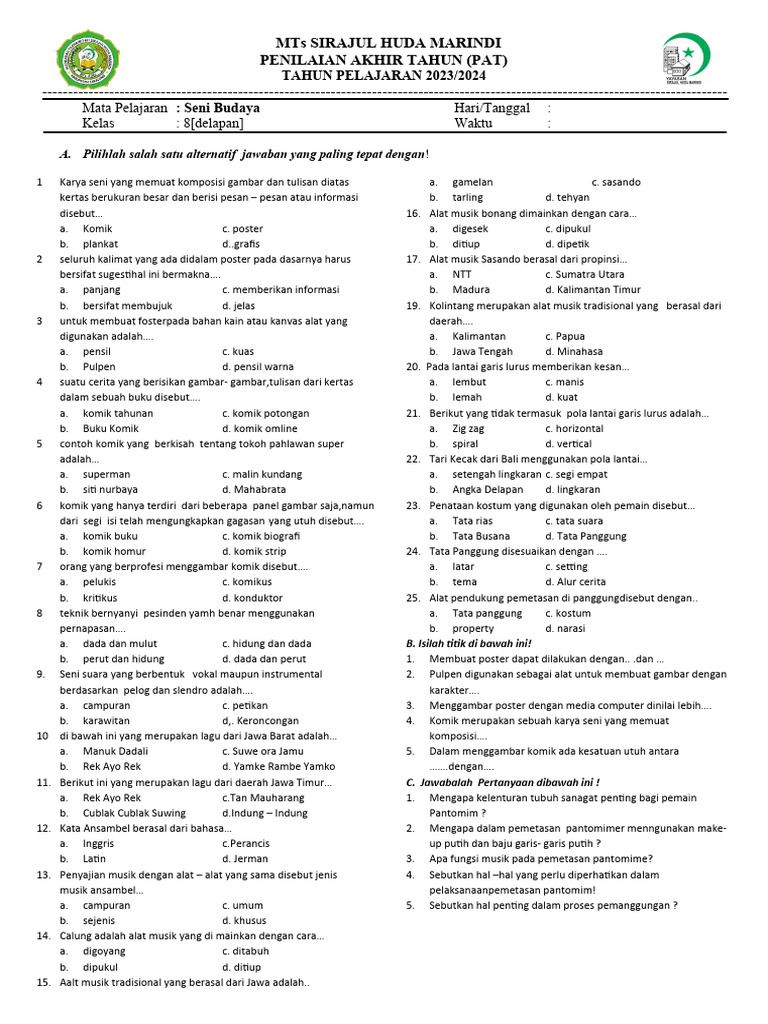 Soal PAS SBK KLS 8 | PDF | Seni