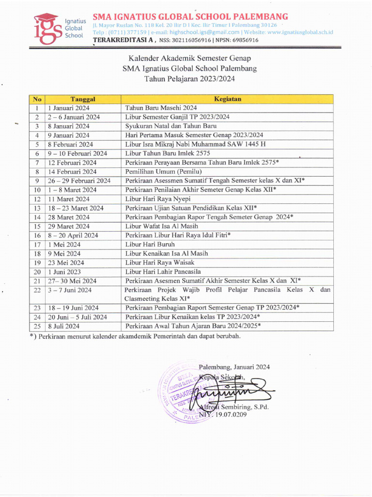 Kalender Akademik Semster Genap SMA IGS | PDF