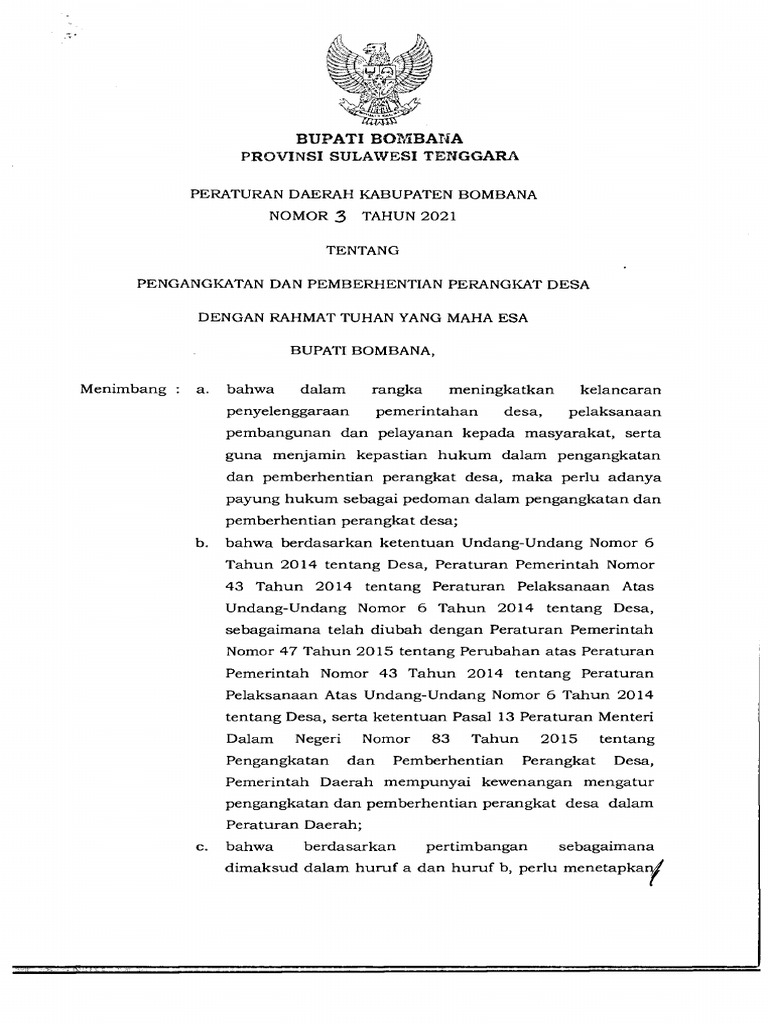 Perda No 3 Tahun 2021 Tentang Pengangkatan Dan Pemberhentian Perangkat Desa | PDF | Pengelolaan ...