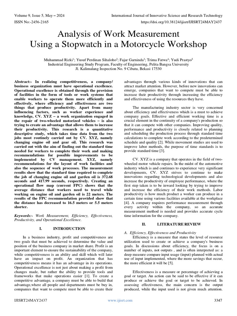 Analysis of Work Measurement Using a Stopwatch in a Motorcycle Workshop ... Analysis of Work Measurement Using a Stopwatch in a Motorcycle Workshop ...