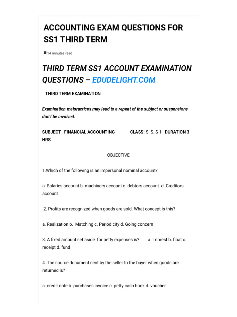 SS1 Third Term Accounting Exam Questions | PDF | Debits And Credits | Banks