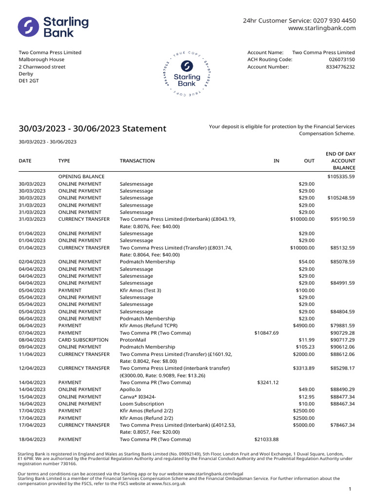 StarlingStatement 03-2023 06-2023 | PDF | Payments | Personal Finance