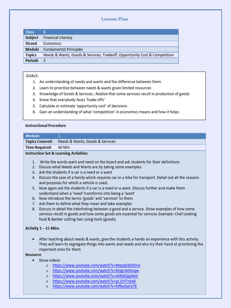 Grade 6 Financial Literacy Plan | PDF | Trade Off | Cognitive Science