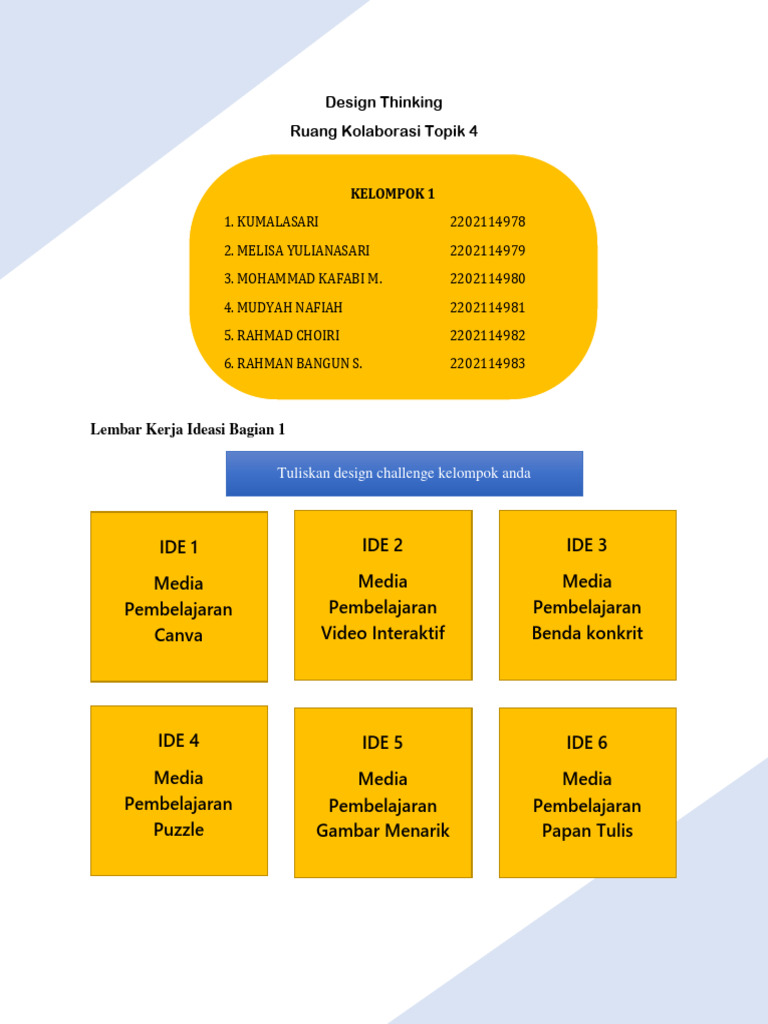 Lengkap - Kelompok 1 - Ruang Kolaborasi - Design Thinking | PDF | Karier & Perkembangan | Seni