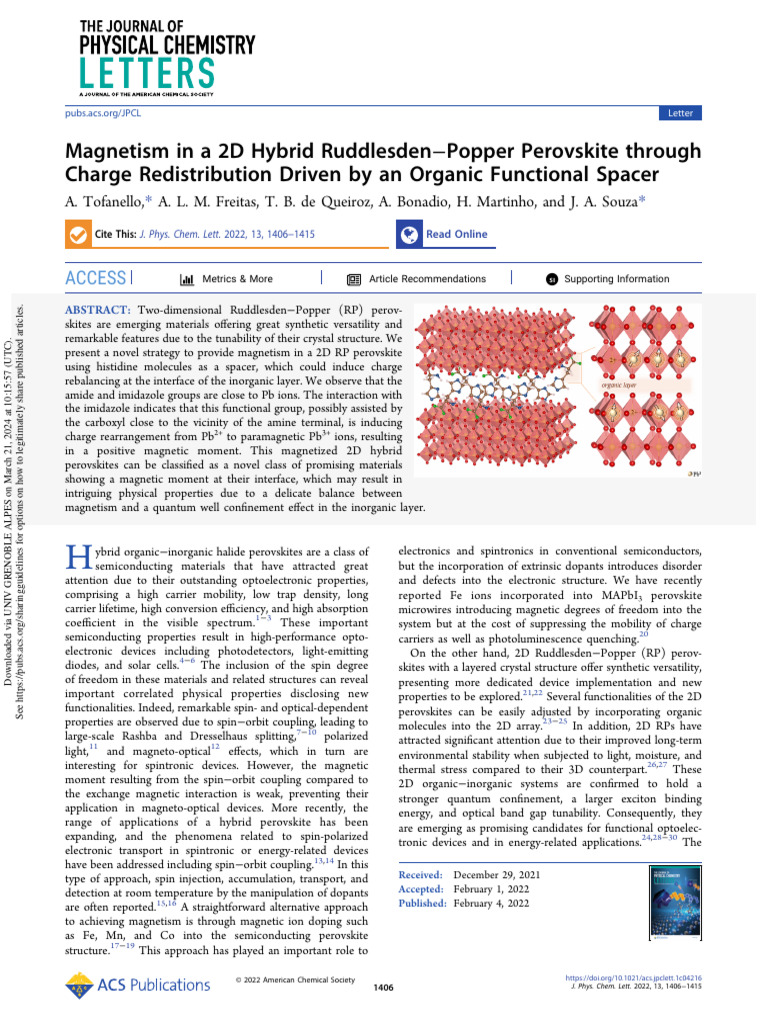 2D Perovskite Spacer Magnetism Tofanello JPhysChemLett22 | PDF | Ion ...