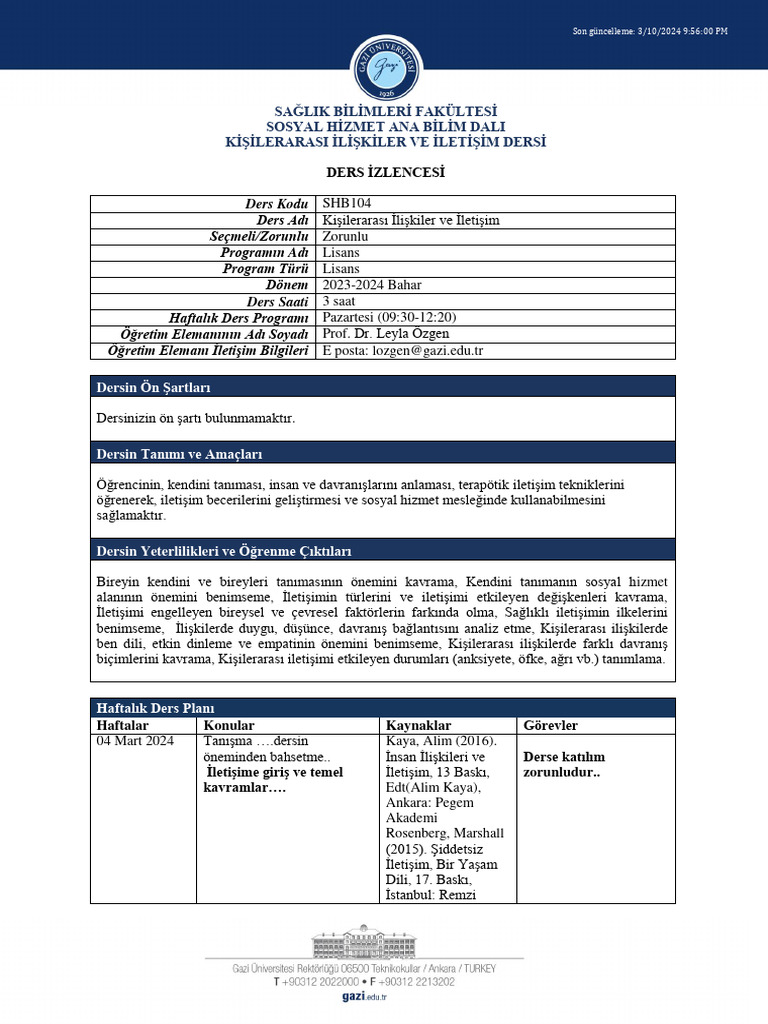 1 1 AKT Ders Izlencesi SHB104 Kisilerarasi Iliskiler Ve Iletisim | PDF
